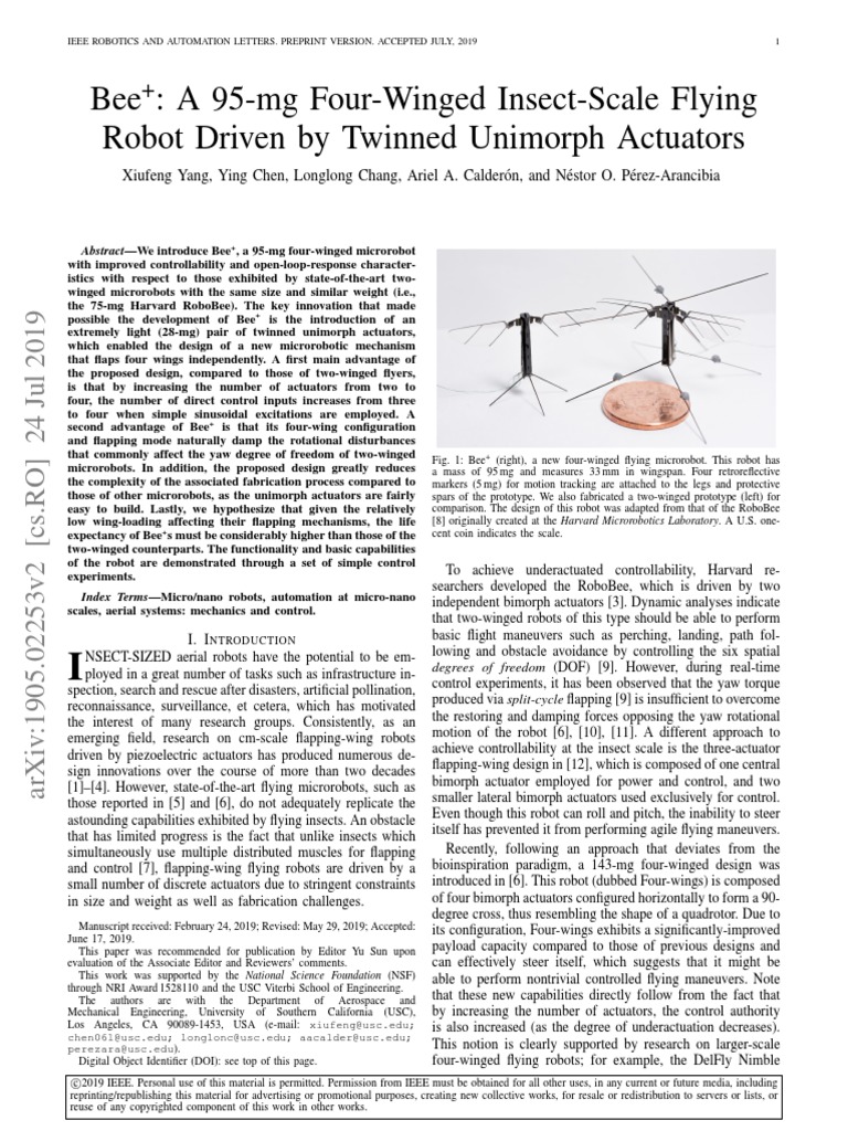 Bee: A 95-mg Four-Winged Insect-Scale Flying Robot Driven by Twinned ...