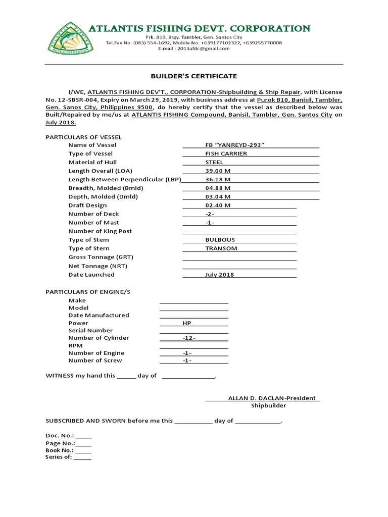 Builder's Certificate for FB "YANREYD-293 | PDF | Tonnage | Ships