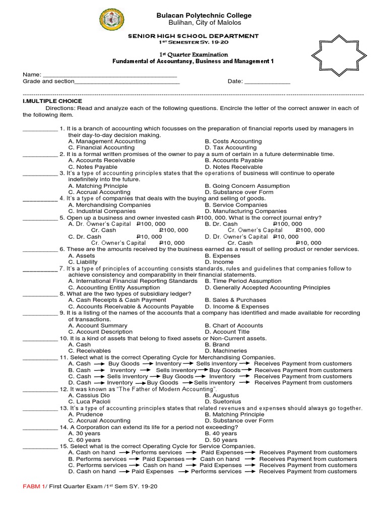1st Quarter Exam in SHS FABM1 | PDF | Debits And Credits | Corporate Jargon