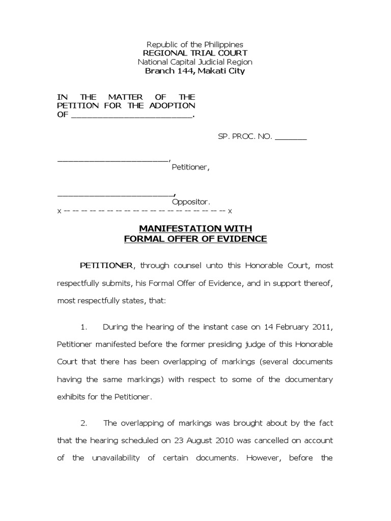 Manifestation With Formal Offer of Evidence - SAMPLe | PDF | Affidavit ...