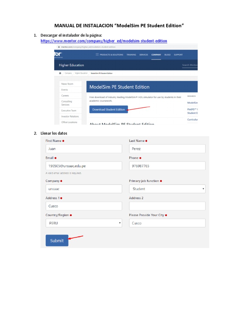 Instalación ModelSim PE Student Edition manual paso a paso | PDF