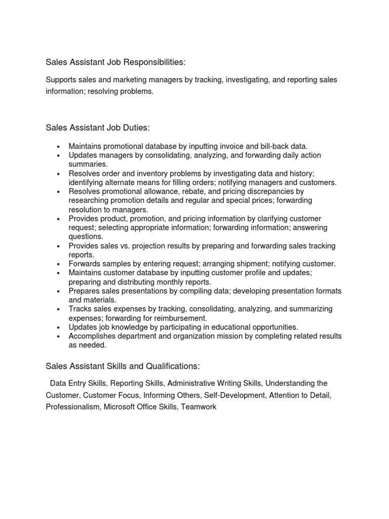Sales Assistant Job Responsibilities | PDF