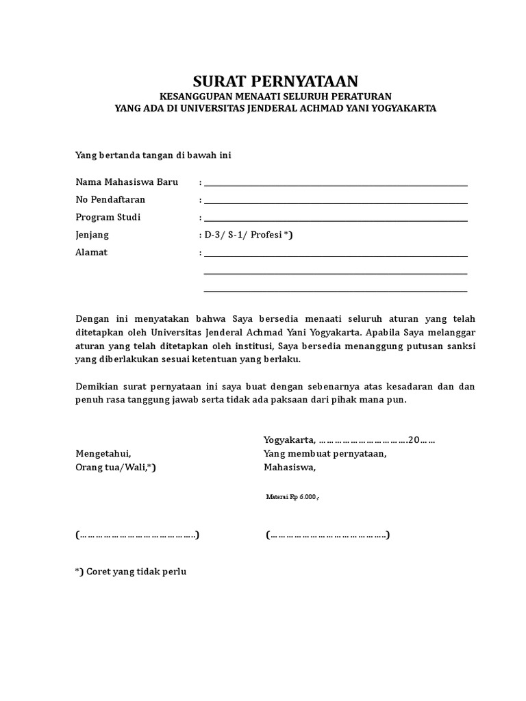 Surat Pernyataan Menaati Aturan | PDF