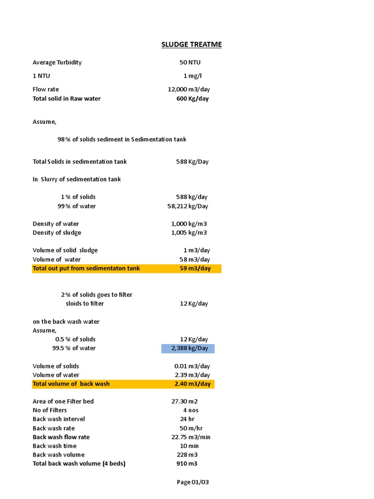 Sludge Treatment: Total Solid in Raw Water 600 Kg/day | PDF | Water And ...