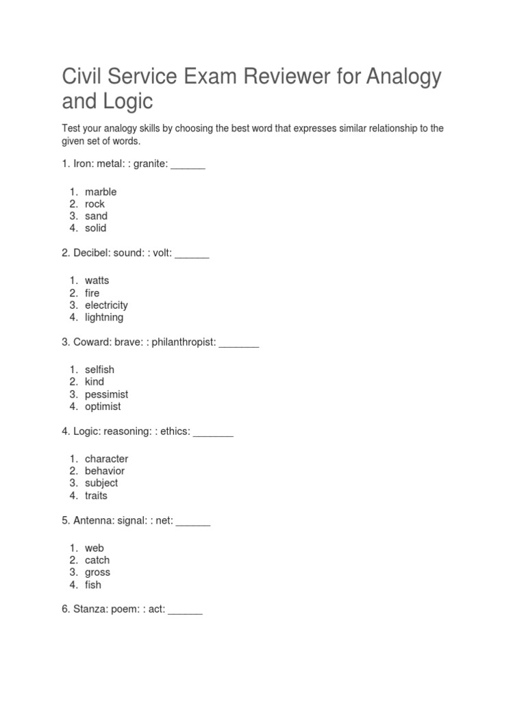 Civil Service Exam Reviewer For Analogy and Logic | PDF