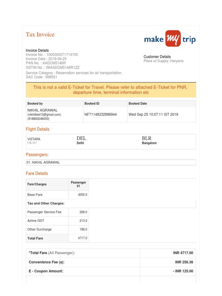 Banglore To Delhi Flight Invoice | PDF | Invoice | Services (Economics)
