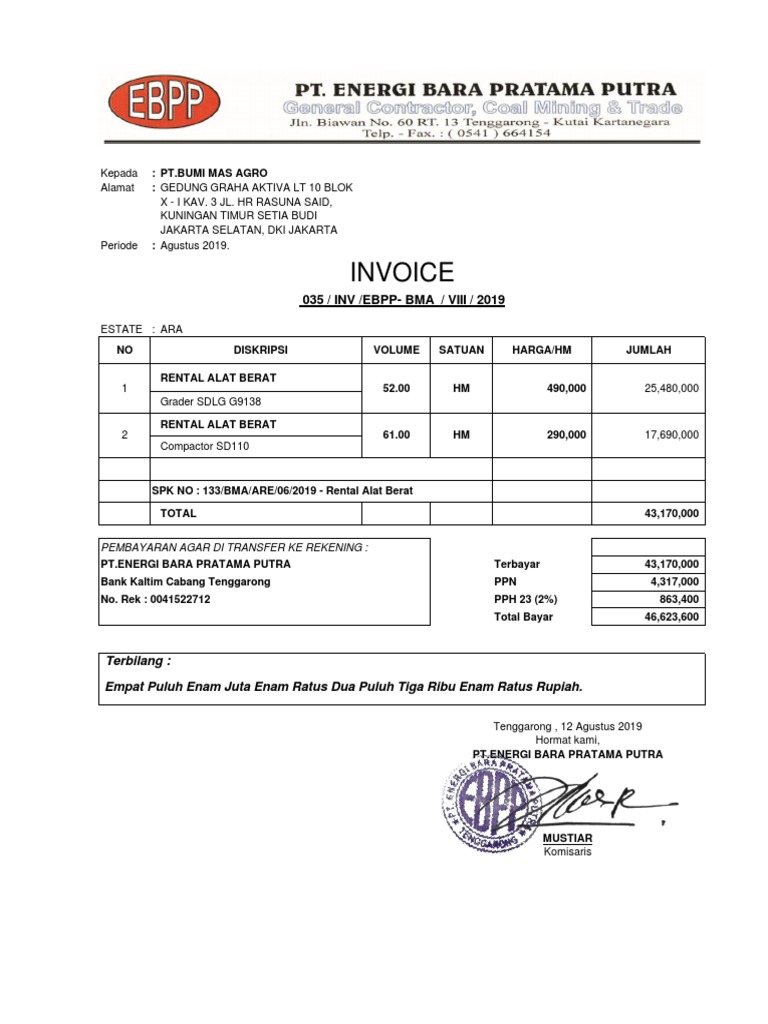 Invoice Sewa Alat Berat PT BMA Kaltim | PDF