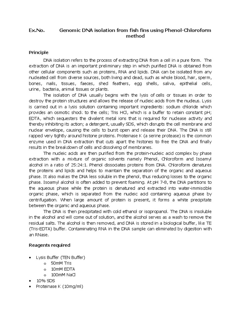 Ex - No. Genomic DNA Isolation From Fish Fins Using Phenol-Chloroform ...