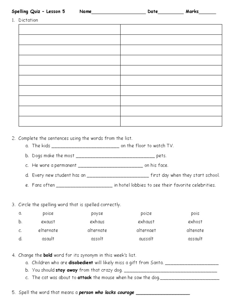 Grade 5 Spelling Quiz | PDF