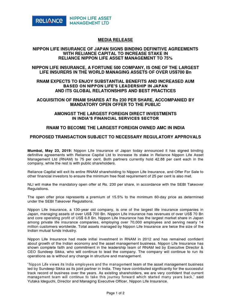Nippon Life Insurance to Increase Stake in Reliance Nippon Life Asset ...