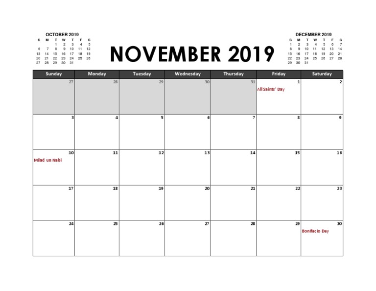 November 2019: Monday Tuesday Wednesday Thursday Friday Saturday Sunday ...