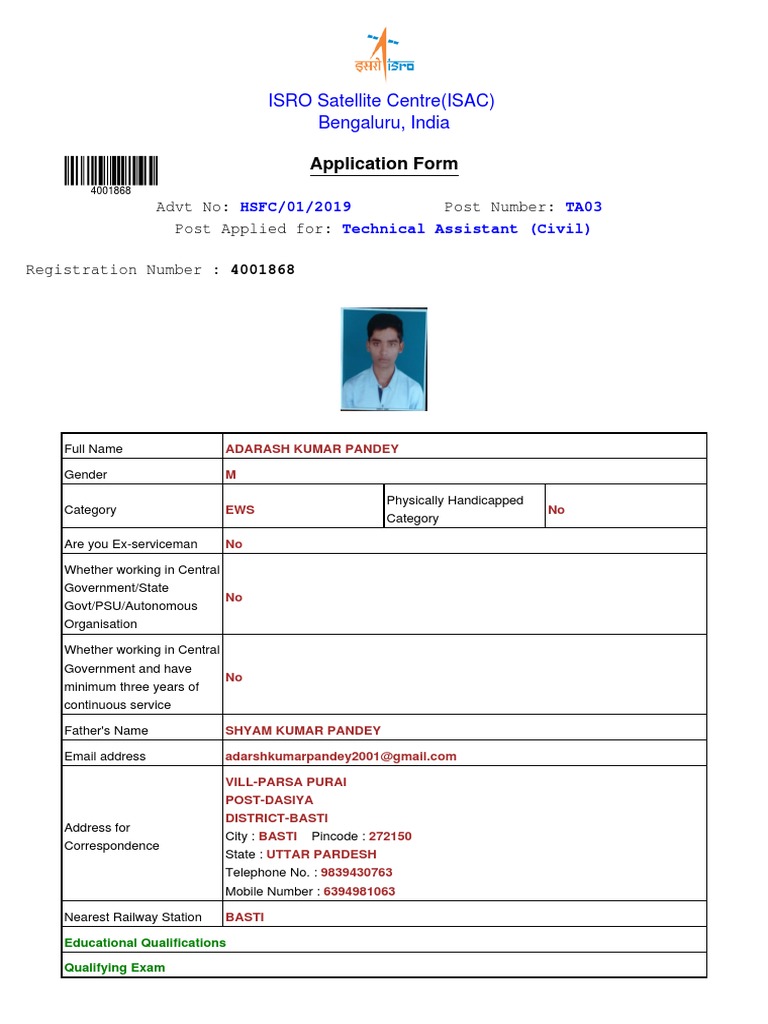 ISRO Technical Assistant Application Form | PDF