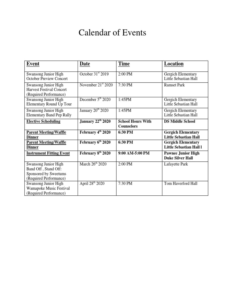 Calendar of Events: Event Date Time Location | PDF