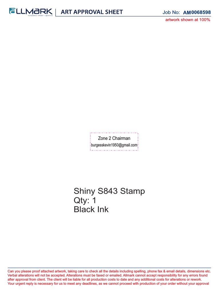 Shiny S843 Stamp Qty: 1 Black Ink: Job No | PDF