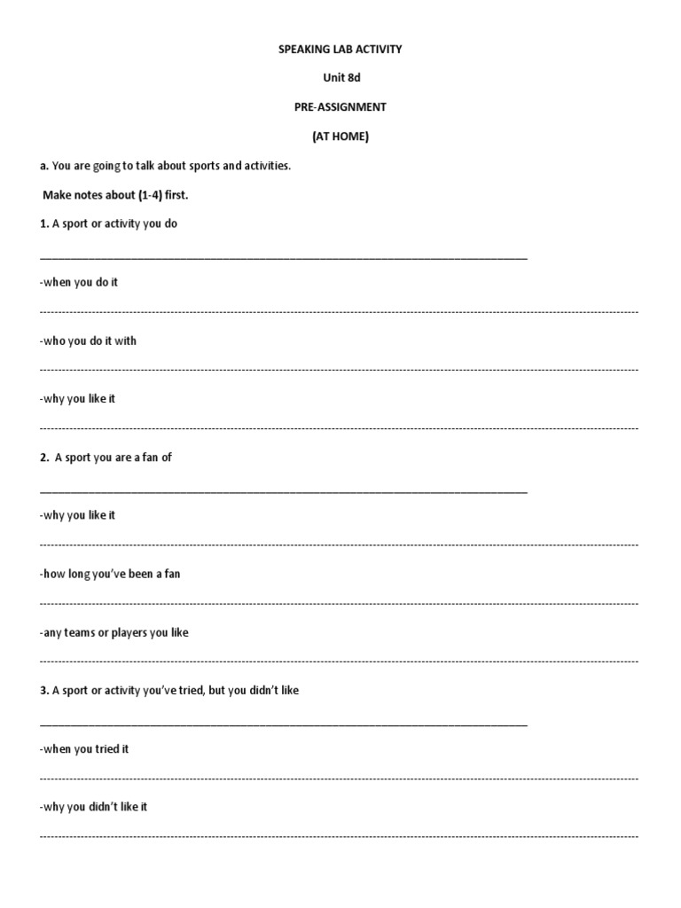 Speaking Lab Activity Unit 8d Pre-Assignment (At Home) A. You Are Going ...