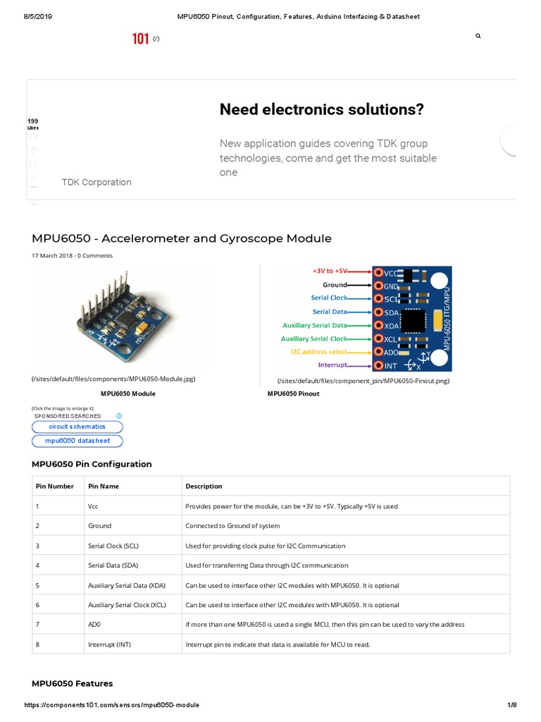MPU6050 Pinout, Configuration, Features, Arduino Interfacing & Datasheet | PDF | Accelerometer ...