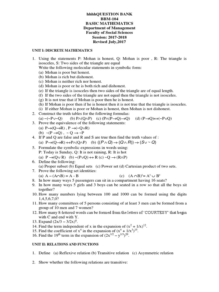 Basic Mathematics Question Bank for the Department of Management at ...