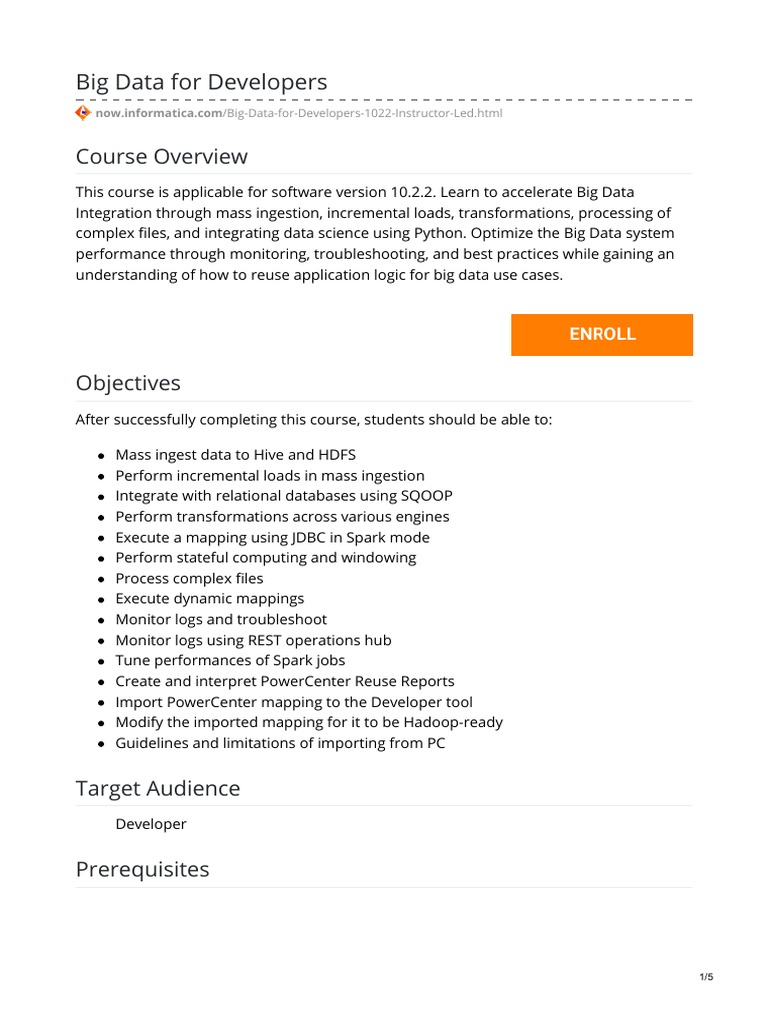 Informatica Big Data For Developers | PDF | Apache Hadoop | Big Data