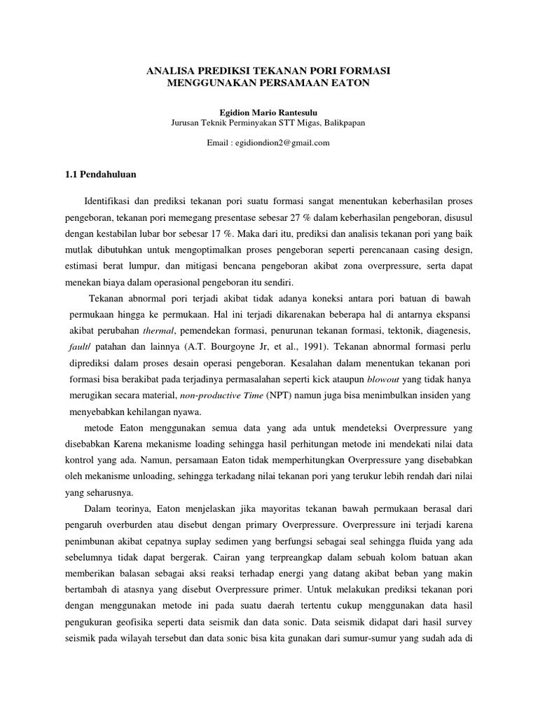 Analisa Prediksi Tekanan Pori Formasi Menggunakan Persamaan Eaton | PDF