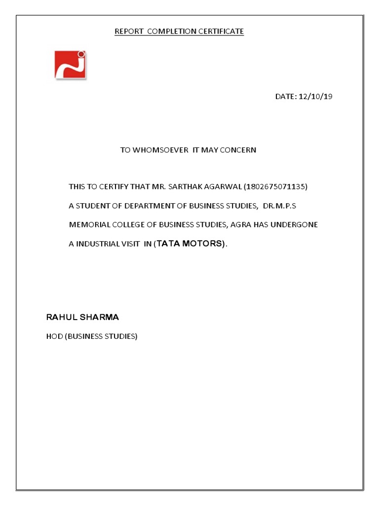 Industrial Visit Completion Certificate | PDF