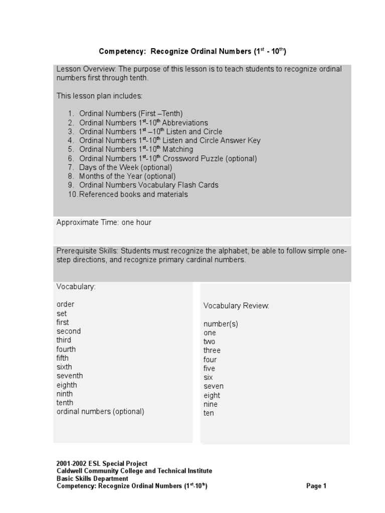 Lessonplan - Recognize - Ordinal - Numbers - 1st-10th | PDF | English ...