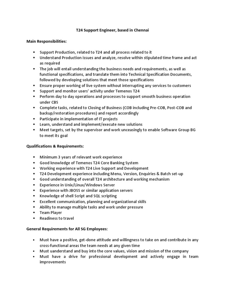 T24 Support Engineer, Based in Chennai Main Responsibilities | PDF ...