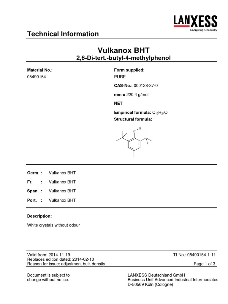 Vulkonex BHT Datasheet | PDF | Packaging And Labeling | Chemistry