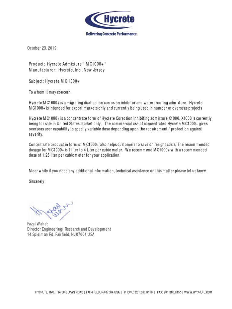 Product: Hycrete Admixture " MC1000+ " Manufacturer: Hycrete, Inc., New ...