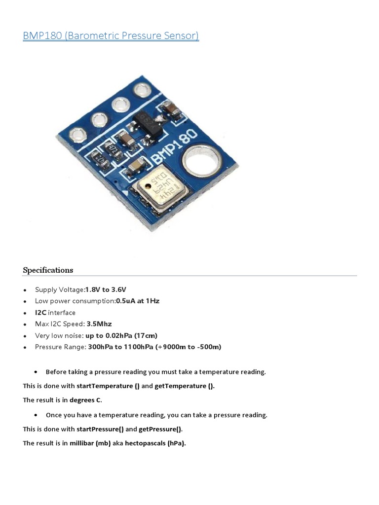 BMP180 (Barometric Pressure Sensor) : Specifications | PDF | Atmospheric Pressure | Arduino