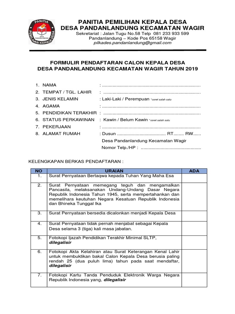 Formulir Pendaftaran Calon Kades | PDF