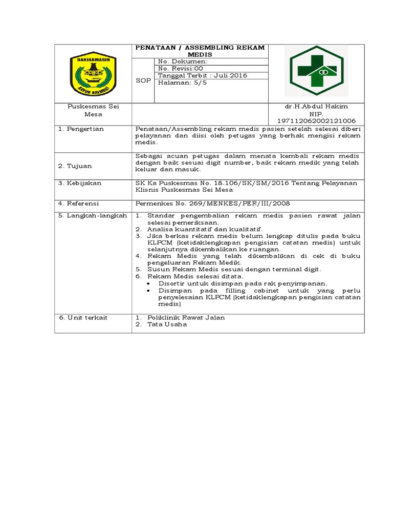 Sop Penataan or Assembling Rekam Medis Edit | PDF