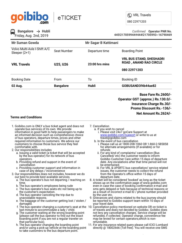 Bangalore Hubli MR Suman Gowda MR Sagar B Kattimani: VRL Travels | PDF | Baggage | Ticket ...