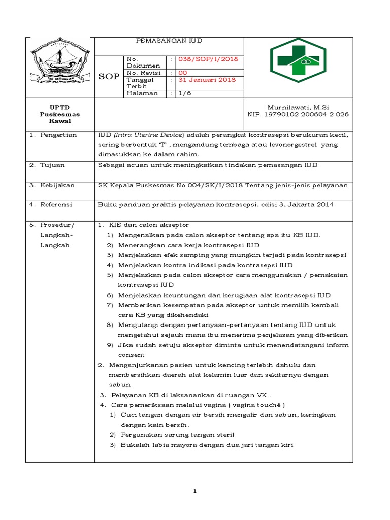 SOP Pemasangan IUD di Puskesmas | PDF