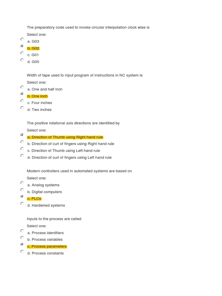 FMS Quiz & Answer | PDF | Numerical Control | Cartesian Coordinate System