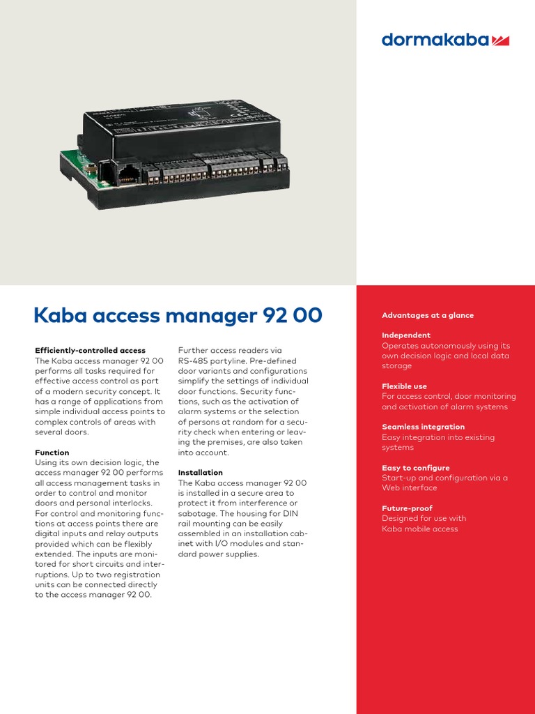 Kaba Access Manager 92 00 Factsheet | PDF | Input/Output | Access Control