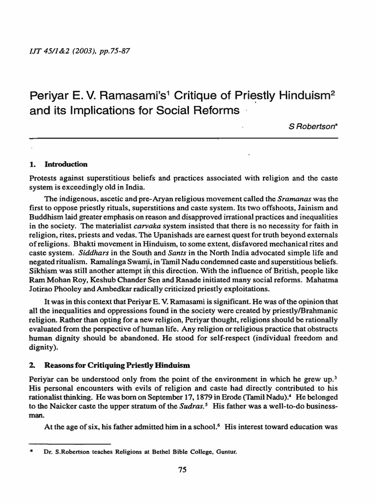 Periyar E. V. Ramasami's Critique of Hinduism and Its Implications For ...