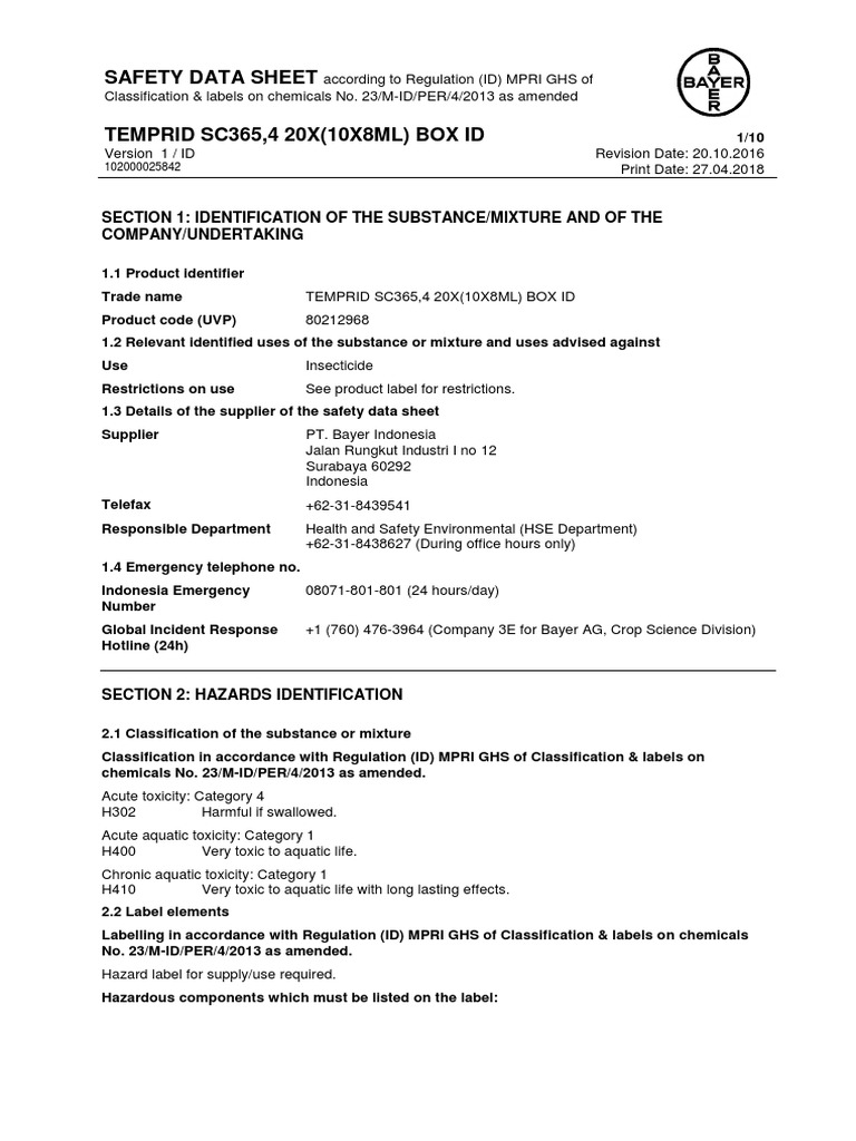 MSDS Temprid SC365,4 - Eng | PDF | Dangerous Goods | Toxicity