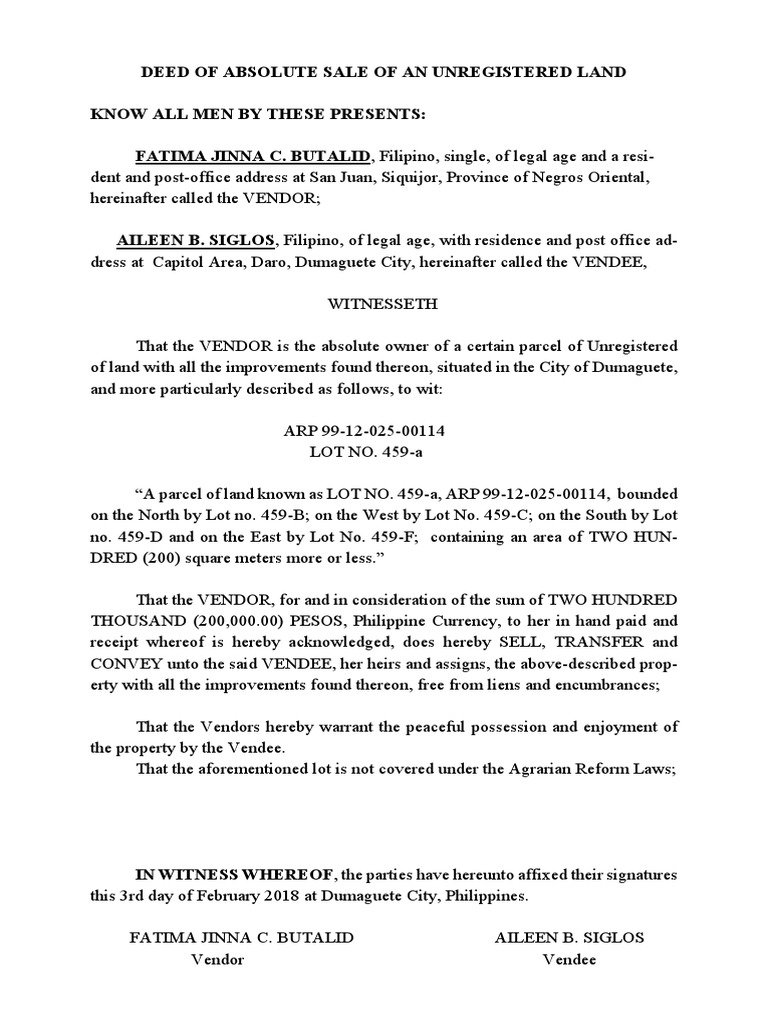 Deed of Absolute Sale: Unregistered Land | PDF | Law And Economics ...