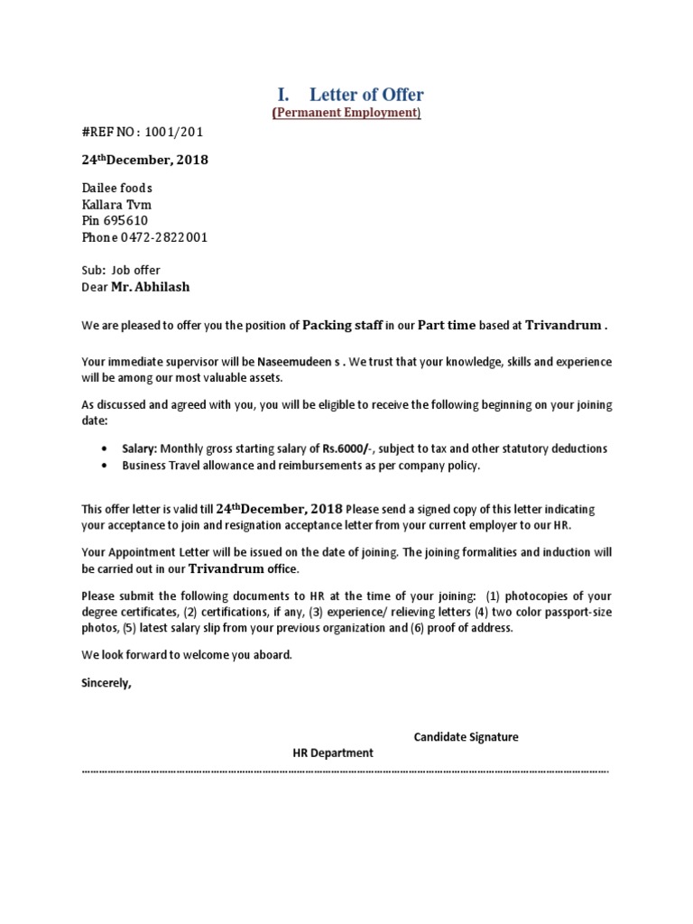 I. Letter of Offer: #REF NO: 1001/201 | PDF