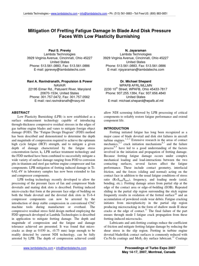 Mitigation of Fretting Fatigue Damage in Blade and Disk Pressure Faces ...