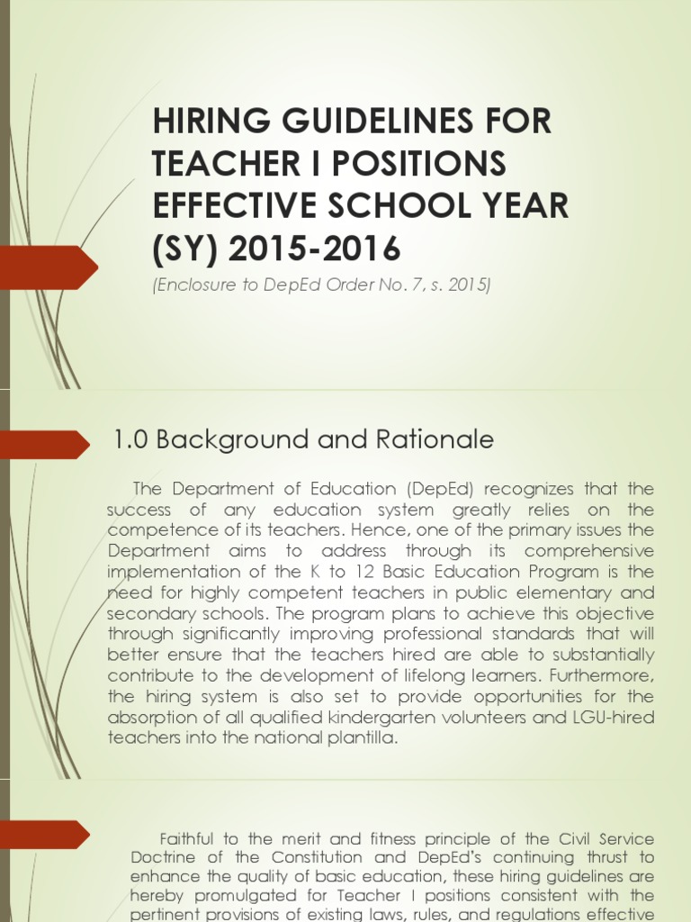 Hiring Guidelines For Teacher I Positions Effective School | PDF ...