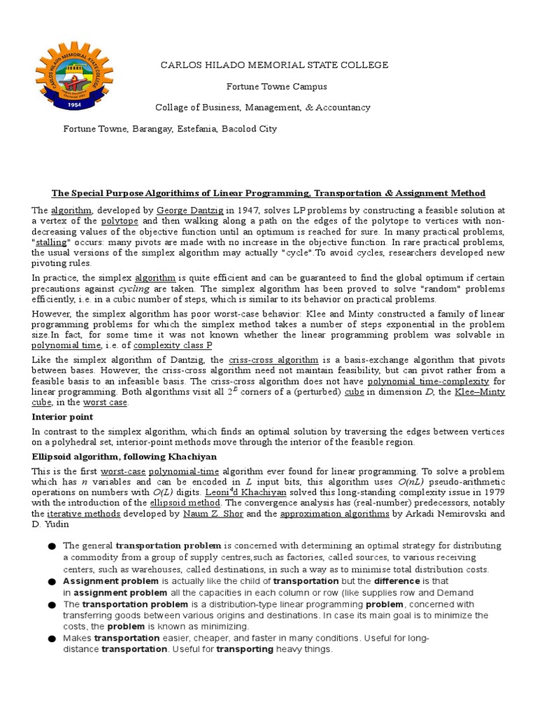 The Special Purpose Algorithims of Linear Programming, Transportation & Assignment Method | PDF ...