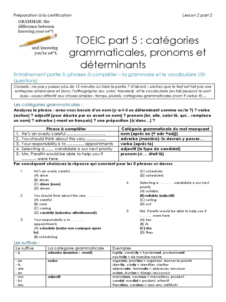 Catégories grammaticales pour le TOEIC | PDF | Pronom | Nature (grammaire)