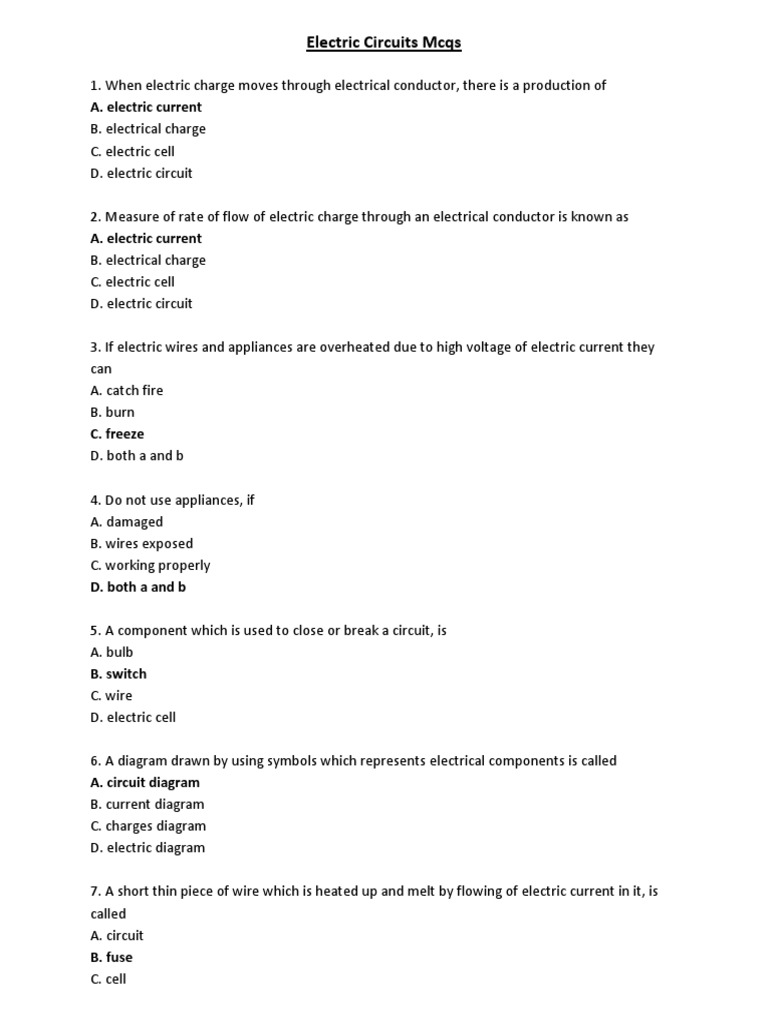 Electric Circuits MCQs for Students | PDF | Electric Current | Series ...