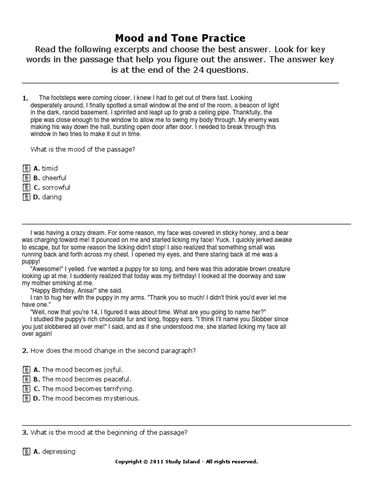 Mood and Tone Practice With Answer Key
