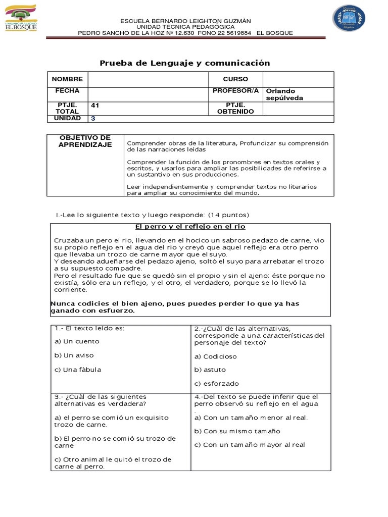 Prueba de Lenguaje y Comunicacion Tercero Basico Unidad 3 | PDF | Agua