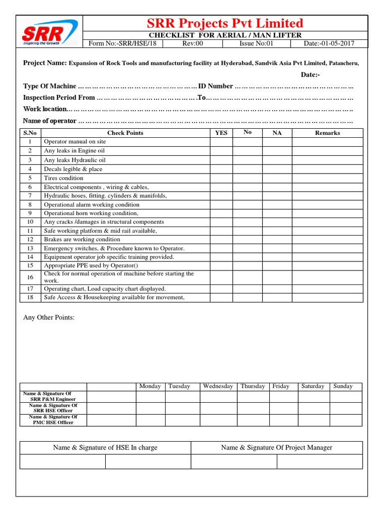Checklist For Aerial Man Lifter