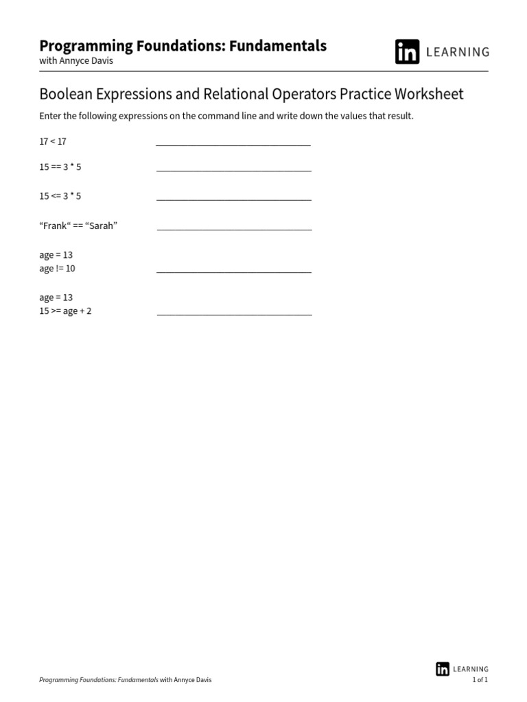 Boolean Expressions Practice Sheet | PDF