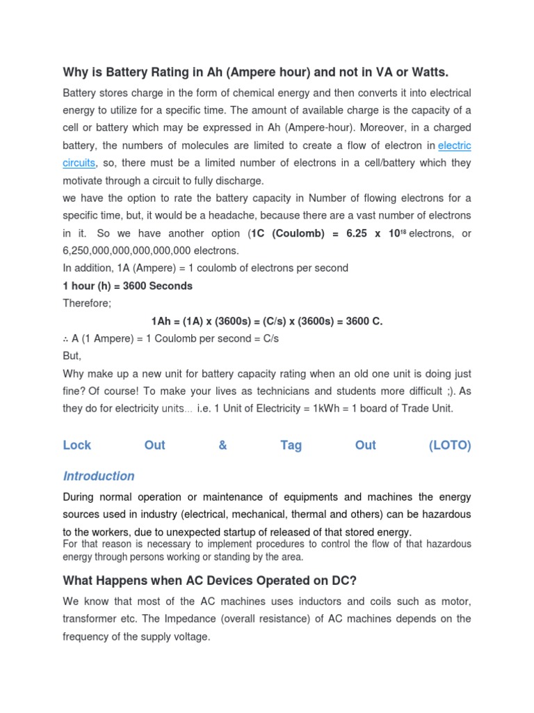 Why Is Battery Rating in Ah (Ampere Hour) and Not in VA or Watts | PDF ...