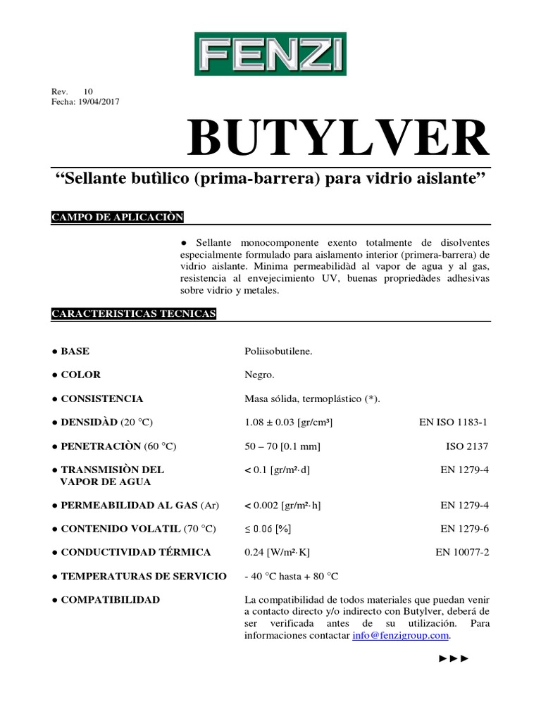 BUTYLVER Ficha Tecnica 20170419 | PDF | Aislamiento térmico | Lentes